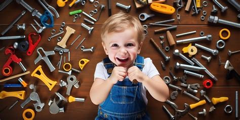 Premium Ai Image Cute Little Boy Surrounded By Toy Instruments
