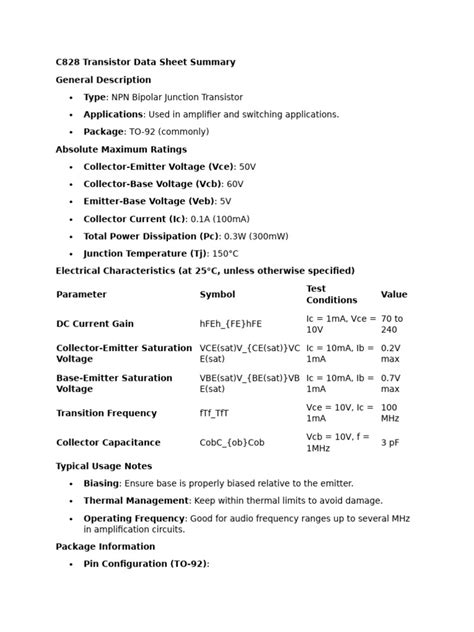 C828 Transistor Data Sheet Summary Pdf Science And Mathematics