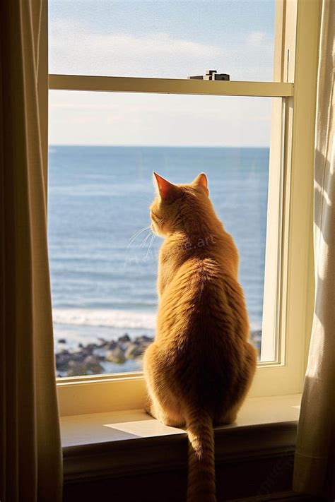 一只猫望向窗外望向大海 AI绘画提示词分享 可商用AI图片素材下载 AI艺术之家