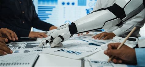 Robotic Arm Assisting Business Team With Data Analysis And Presentation