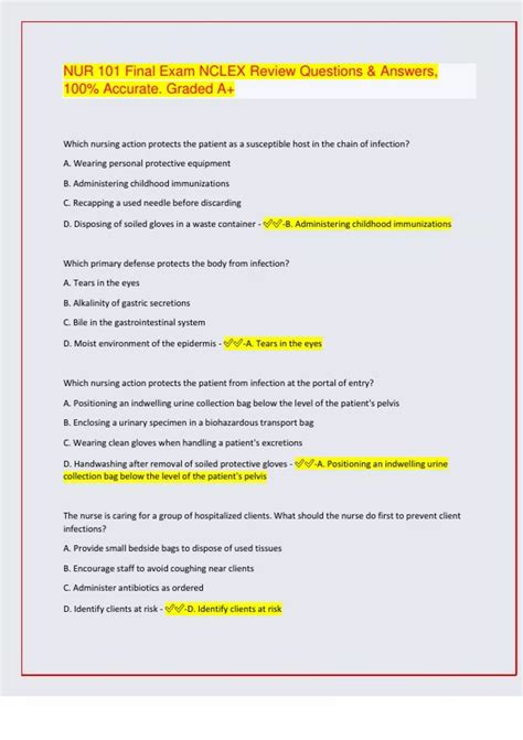 Nur 101 Final Exam Nclex Review Questions And Answers 100 Accurate