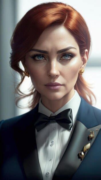 Premium Ai Image A Woman In A Suit With Blue Eyes And A Bow Tie