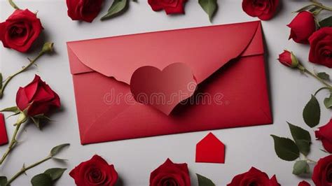 Red Rose White Background A Red Envelope With A Heart Shaped Seal And A