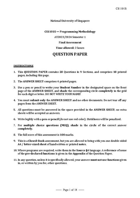 Cs1101s 2324s1 Final Question Paper National University Of Singapore