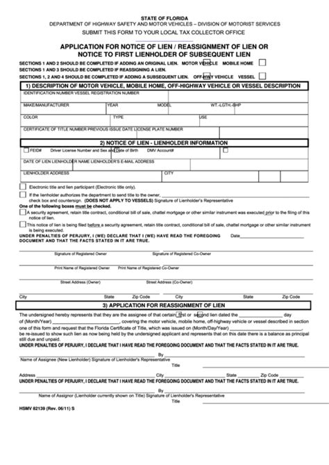 Fillable Form Hsmv 82139 Application For Notice Of Lien