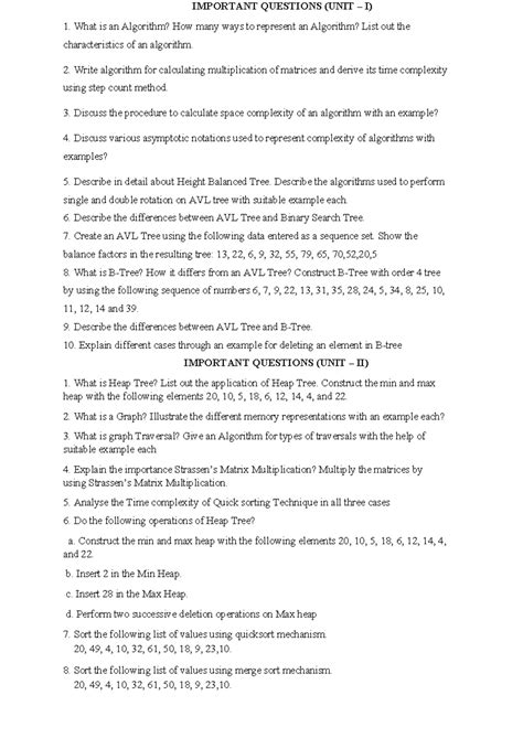 Unit Wise Important Questions For Algorithms Cs101 Studocu