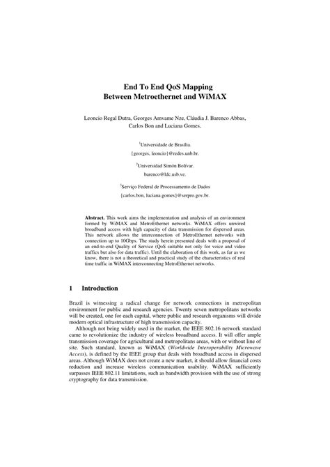 Pdf End To End Qos Mapping Between Metroethernet And Wimax