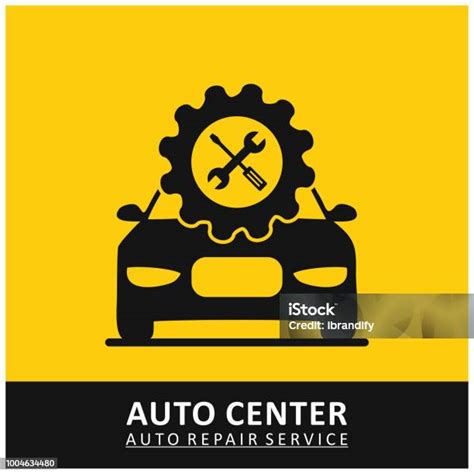 자동 센터입니다 자동 수리 서비스입니다 도구와 자동차 기어 아이콘입니다 노란색 배경 공연에 대한 스톡 벡터 아트 및 기타 이미지 공연 금속의 기계공 Istock