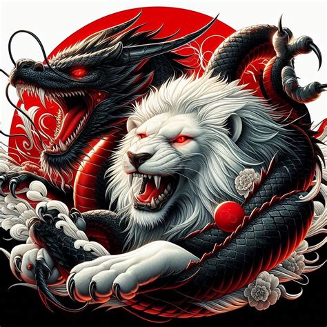 4k Realistic A Real Lion With Japanic Dragon Japanese Style With Red