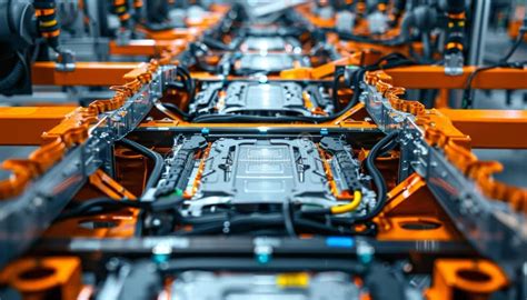 Close Up View Of Electric Vehicle Battery Cell Assembly Line In Mass