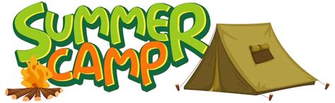 텐트와 캠프 파이어 단어 여름 캠프를위한 글꼴 디자인 무료 벡터