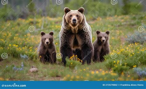 Brown Bear Walking In The Forest With Her Cubs Stock Illustration