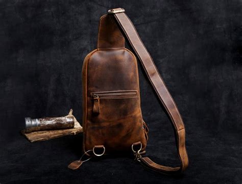 Handmade Leather Mens Cool Chest Bag Sling Bag Crossbody Bag Travel Ba