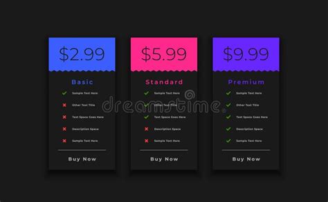 Modern Style Pricing Chart Table Layout With Three Subscription Plan