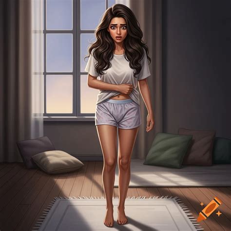 Digital Art Of A Shocked Woman With Dark Wavy Hair In A T Shirt And Boxer Shorts Standing In A