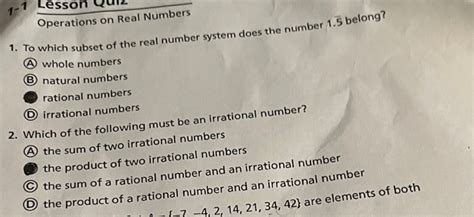 Solved 1 Lesson Quiz Operations On Real Numbers 1 To Which Subset