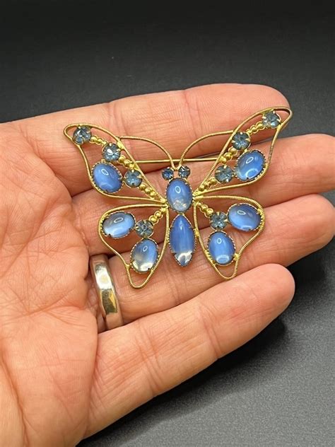 Antique Czech Satin Glass Rhinestone Butterfly Brooch Gem
