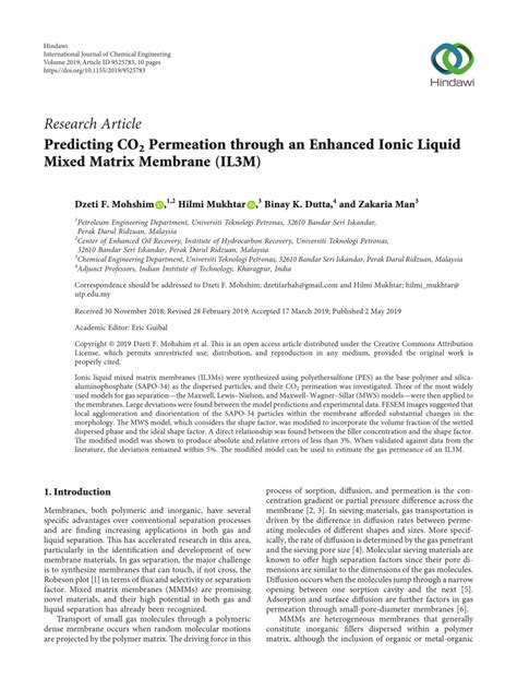 PDF Predicting CO Permeation Through An Enhanced Ionic Liquid Mixed Matrix Membrane IL M