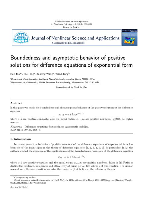 Pdf Boundedness And Asymptotic Behavior Of Positive Solutions For Difference Equations Of