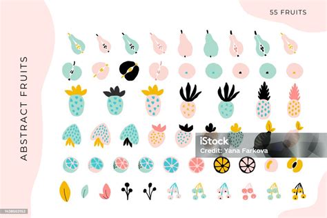 추상적 인 과일은 현대적인 스타일로 설정됩니다 벡터 일러스트 레이 션 딸기 체리 파인애플 사과 배 오렌지 트렌디 한 모양