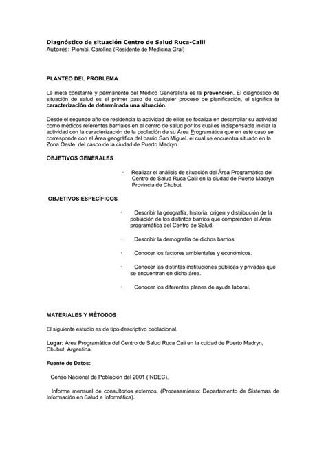 Diagnóstico de situación Centro de Salud Ruca Calil