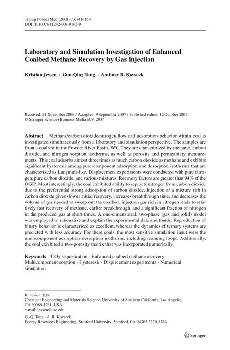 Pdf Laboratory And Simulation Investigation Of Enhanced Coalbed