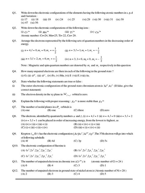 Question Bank On Electronic Configuration Pdf Electron Configuration Atomic Orbital