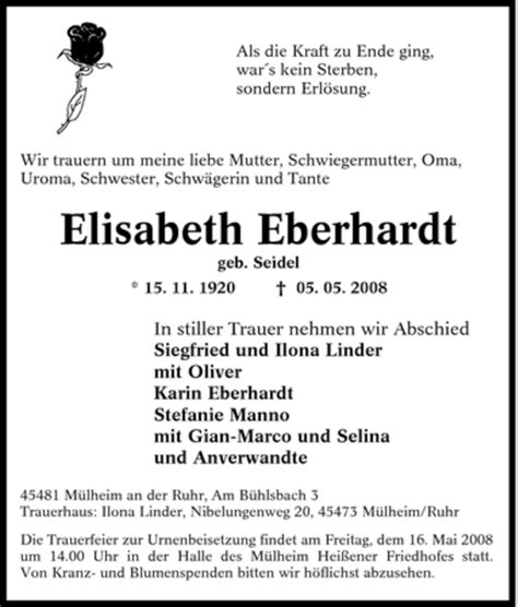 Traueranzeigen Von Lisabeth Eberhardt Trauer In Nrwde