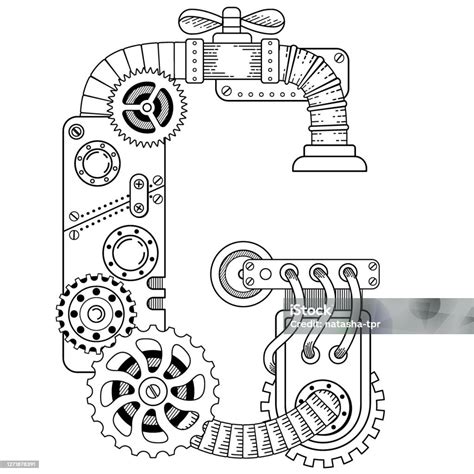 성인을위한 벡터 색칠 공부책 스팀펑크 자본 글꼴 금속 기어로 만든 기계 알파벳과 흰색 배경에 다양한 세부 사항 대문자 G 기계 부분에 대한 스톡 벡터 아트 및 기타 이미지