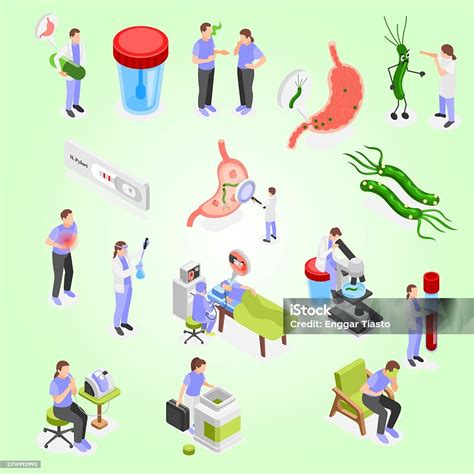 헬리코박터 파일로리 아이소메트릭 세트 병원성 박테리아에 감염된 사람들 테스트 및 위내시경 검사 절차 고립 벡터 일러스트 레이 션 산 위장 연구 수행 3차원 형태에 대한 스톡
