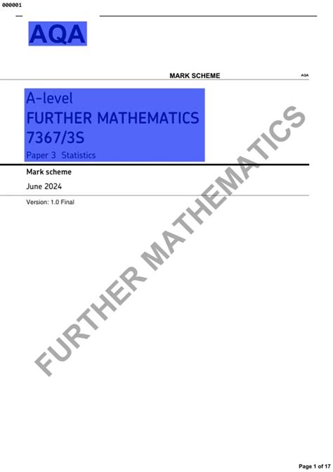Aqa 7367 3s Further Mathematics Final Mark Scheme Paper 3sstatistics A
