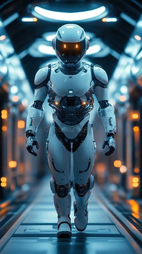 Futuristic Humanoid Robot in Advanced Tech Corridor Stock Photo - Image of walking, humanoid ...