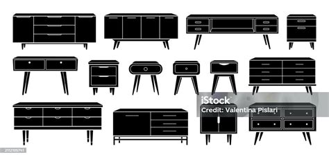 서랍장과 침실용 탁자 실루엣 아이콘 세트 텔레비젼 대 Commodes 서랍장 가정 디자인 인테리어를 위한 유행 저장 가구 평평한 흑백 벡터 그림 고립된 통하고 있는 백색