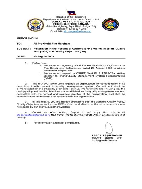 Posting Of Updated Bfp Quality Policy And Quality Objectives Pdf