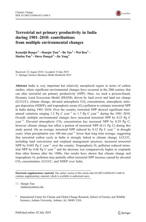 Pdf Terrestrial Net Primary Productivity In India During 1901 2010 Contributions From