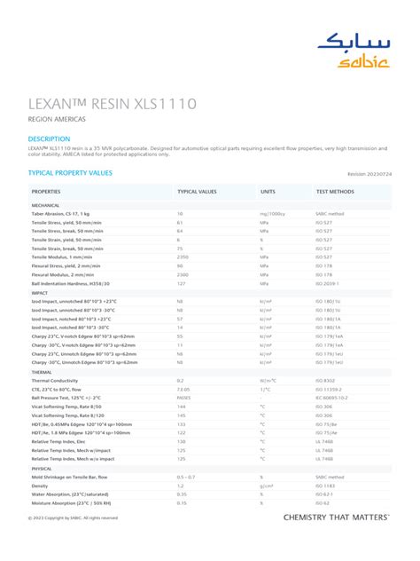 Lexan™ Resin Xls1110 Americas Technical Data Sheet Pdf Yield Engineering