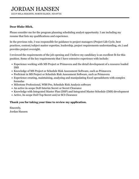 Program Planning Scheduling Analyst Cover Letter Velvet Jobs