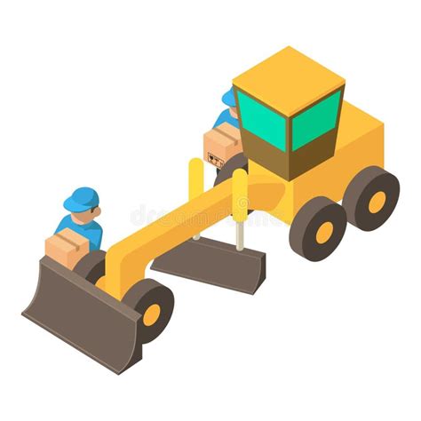 Earth Work Icon Isometric Vector Two Man Worker With Box Near Motor Grader Icon Stock Vector