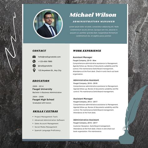 Administration Manager Resume Template With Photo Professional Digital Resume Canva Template
