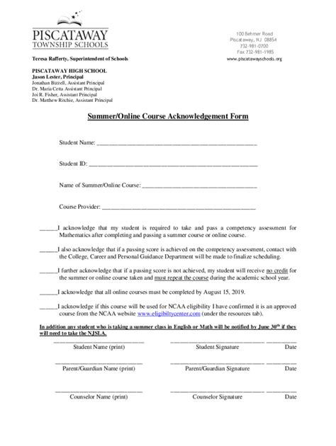 Fillable Online Summer Online Course Acknowledgement Form Fax Email