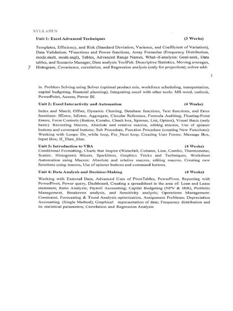 Advanced Spreadsheet Syllabus Pdf