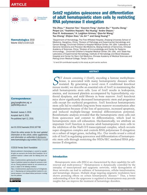 Pdf Setd2 Regulates Quiescence And Differentiation Of Adult