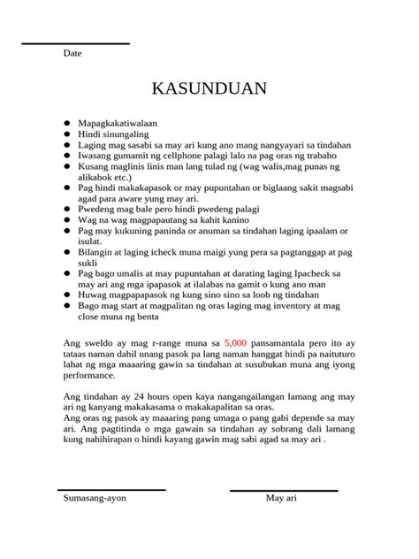 Kasunduan Sa Tindera Tindahan Pdf