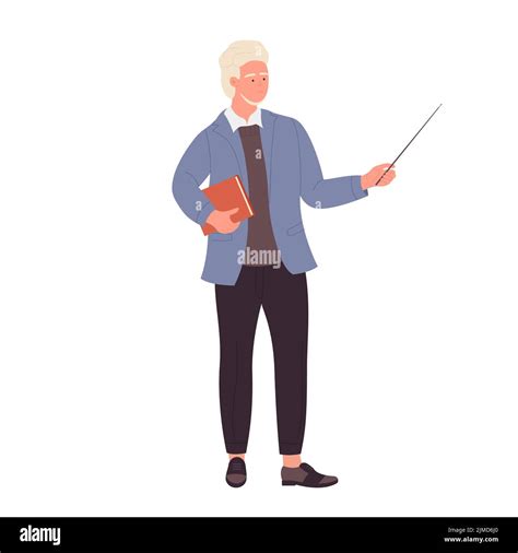 Teacher Man Holding Pointing Stick Chalkboard Professor Presentation Vector Illustration Stock