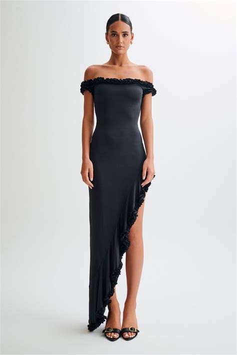 Arielle Off Shoulder Ruffle Midi Dress Black Meshki Us