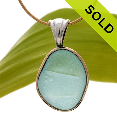 Embossed Aqua Blue Sea Glass In Tiffany Deluxe Wire Bezel© Necklace