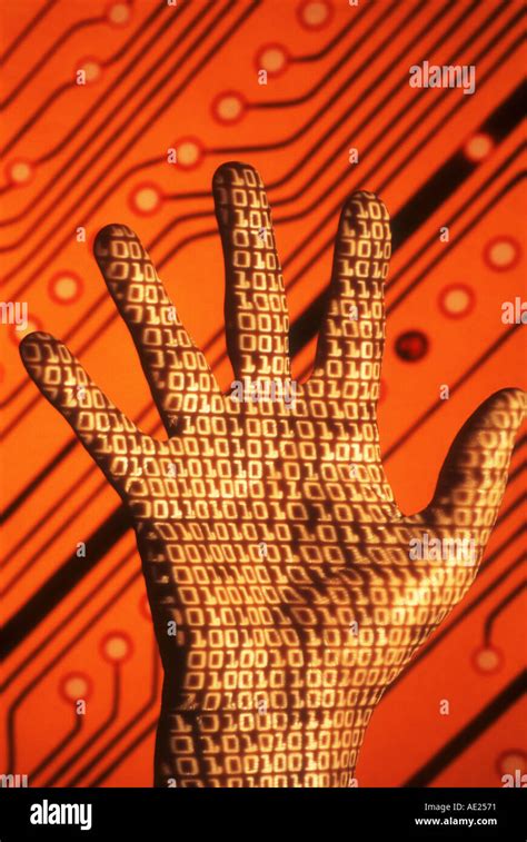 Binary Code Projected On Hand In Front Of Circuit Board Abstract Stock Photo Alamy