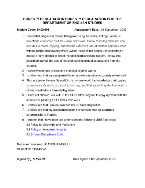 Eng1503 Assignments Honesty Declaration Honesty Declaration For The