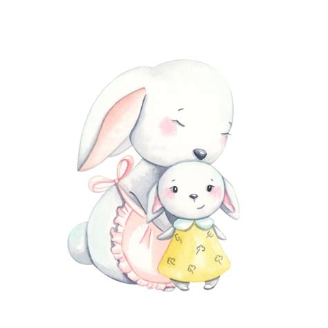귀여운 수채화 토끼 엄마와 그녀의 아이 프리미엄 벡터