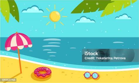 여름 배경 벡터 플랫 여름 일러스트 레이 션 바다 태양 해변 바다와 해변이있는 만화 여름 풍경 여름 밝은 배너 공간 복사 해변에 대한 스톡 벡터 아트 및 기타 이미지